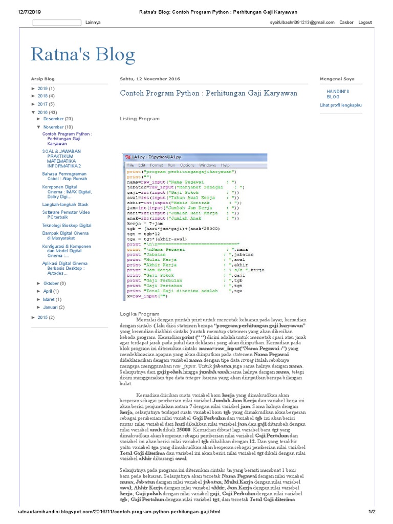 Ratna's Blog - Contoh Program Python - Perhitungan Gaji Karyawan | PDF