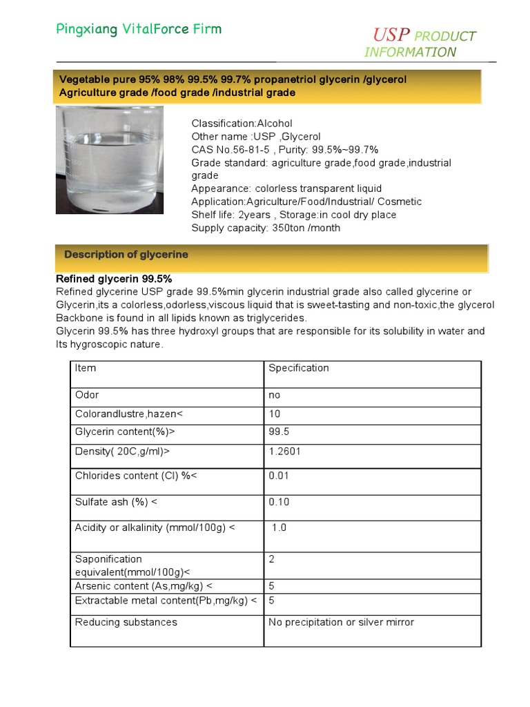 USP Glycerin From Pingxiang Vitalforce Firm | PDF | Glycerol | Chemical ...