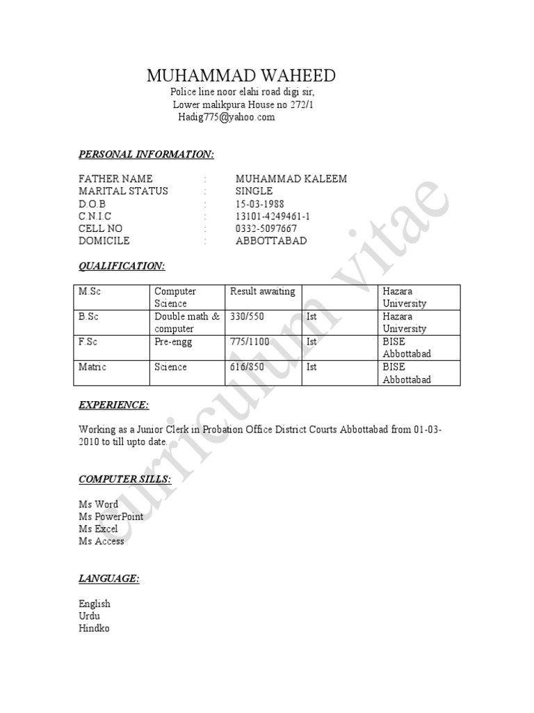 Muhammad Waheed's CV and Qualifications | PDF