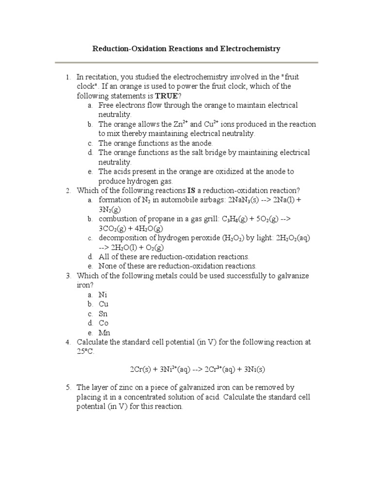 Reduction-Oxidation Reactions and Electrochemistry | PDF | Redox ...