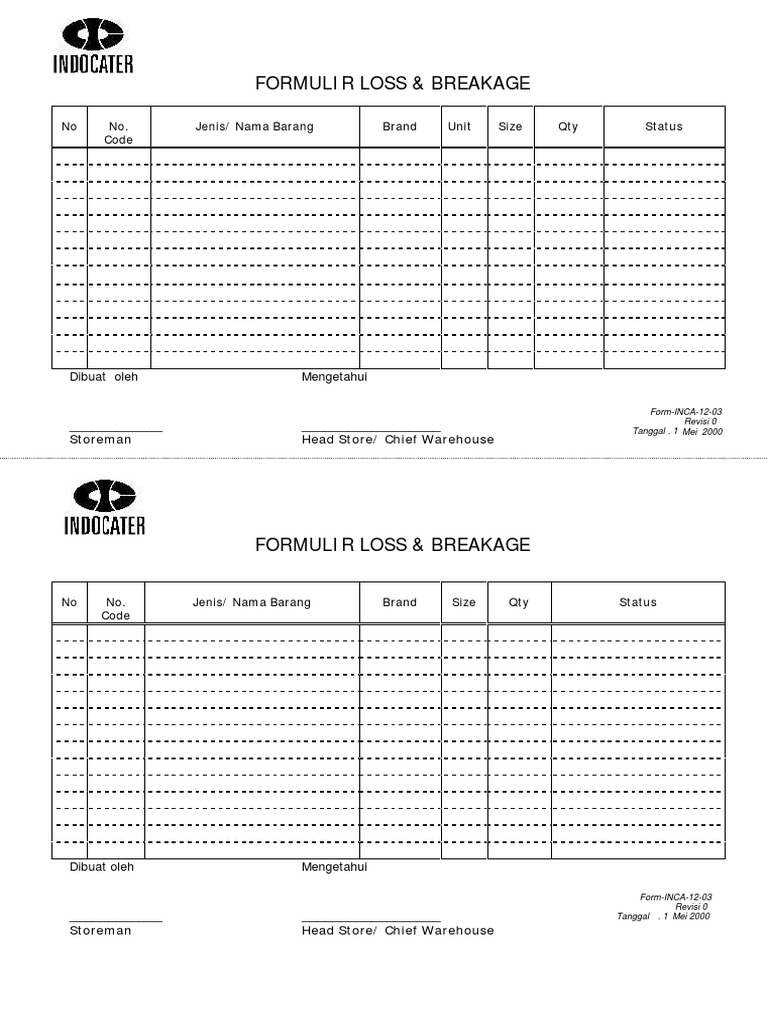 Form - INCA-12-03 Loss & Breakage Rev-0 010500 | PDF
