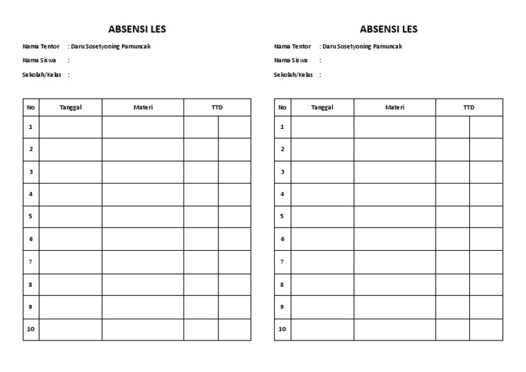 Contoh Absensi Les | PDF