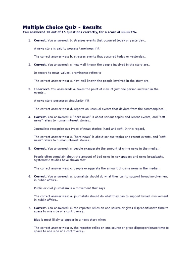 Multiple Choice Quiz in Journalism | PDF | News | Journalism