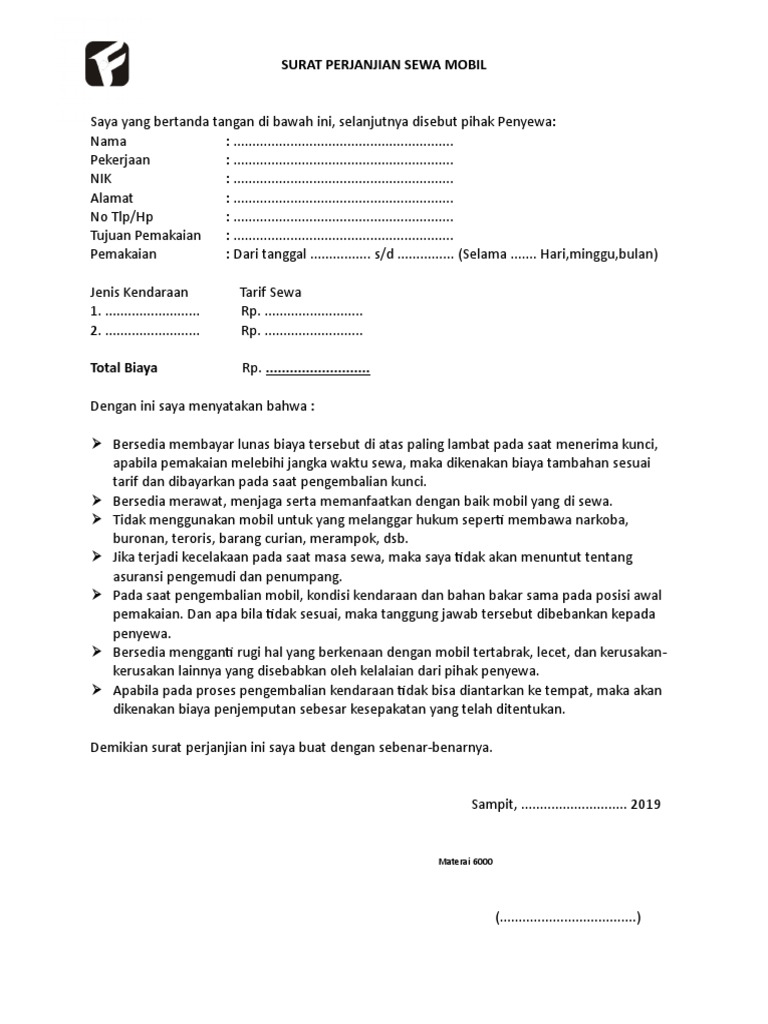 Surat Perjanjian Rental Mobil | PDF