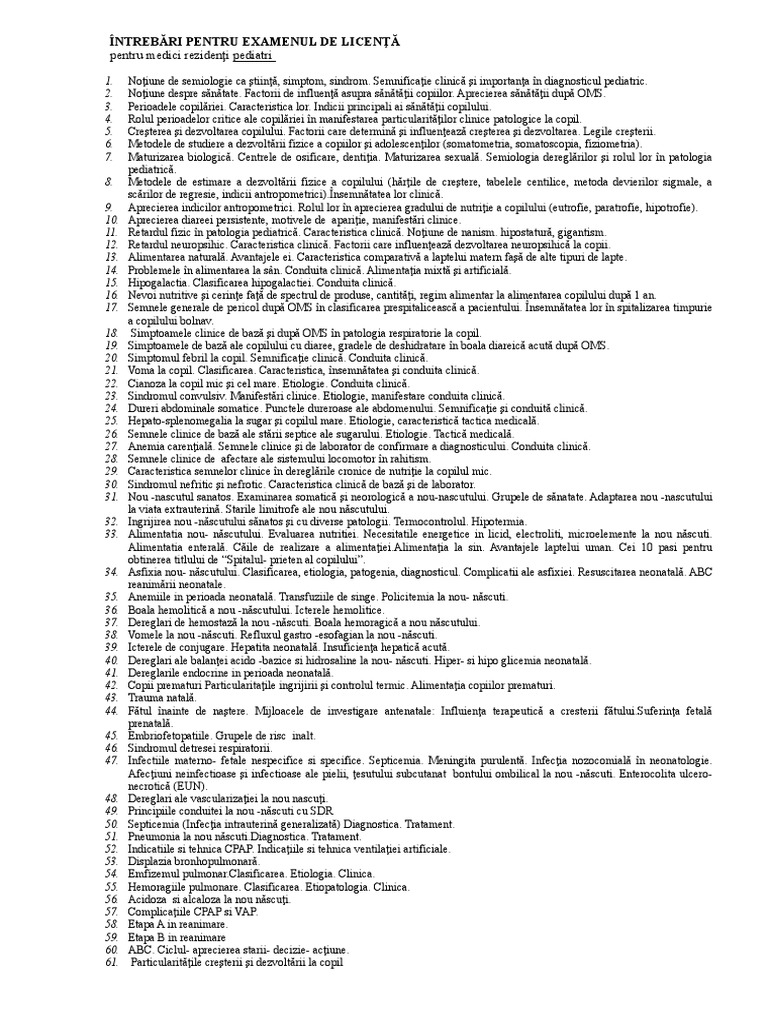 2018 Intrebari Examen de Licenta Medici Rezidenti Pediatri 350 Intrebari | PDF