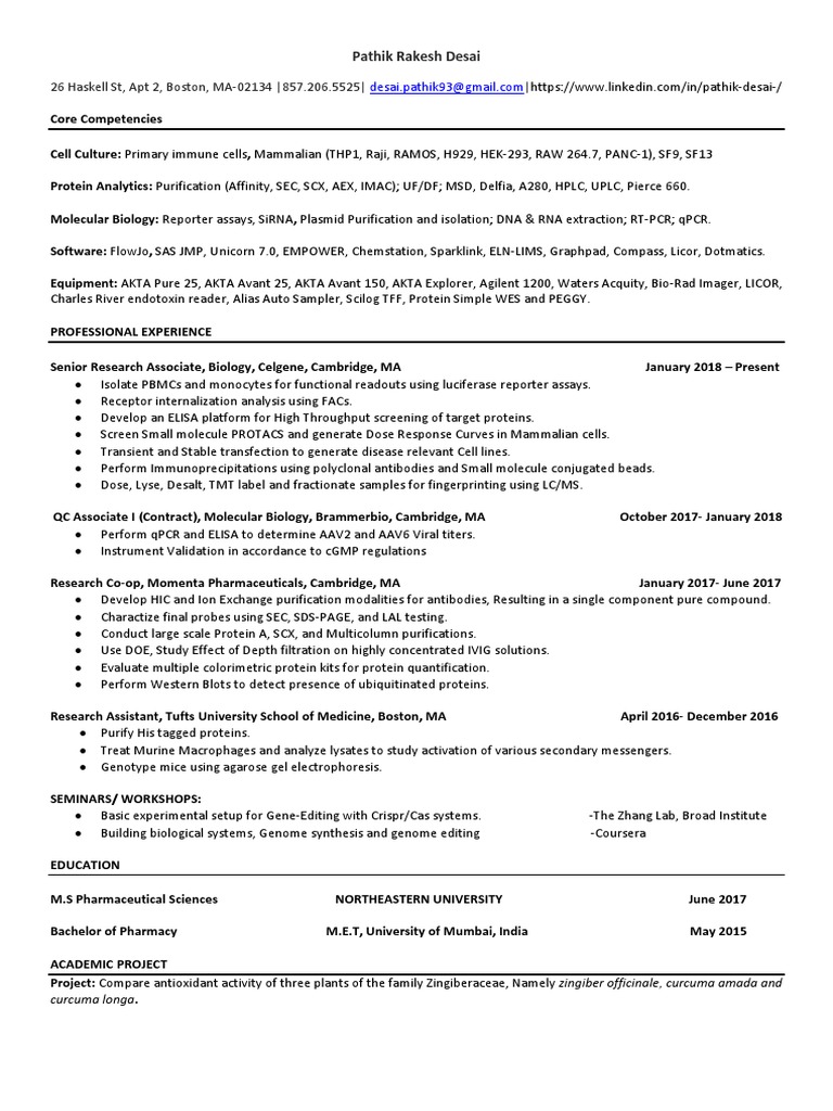 Pathik Desai Resume PDF | PDF | Gel Electrophoresis | Western Blot