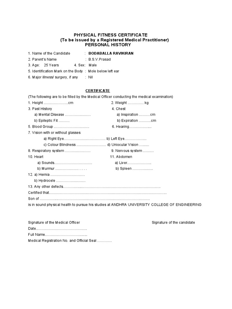 Physical Fitness Certificate | PDF | Medical Specialties | Clinical ...