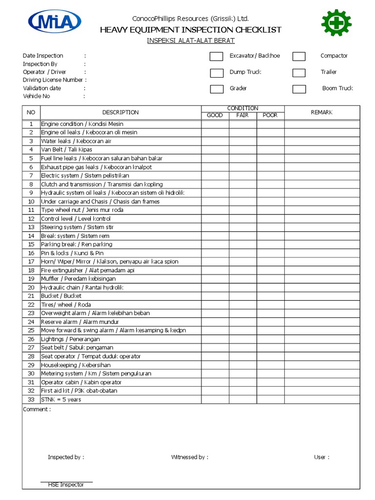 Heavy Equipment Inspection Checklist | PDF