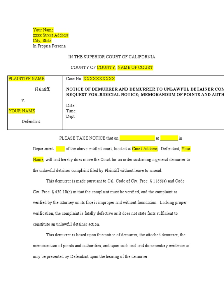 Motion To Dismiss-Demurrer-Unlawful Detainer | PDF | Demurrer | Pleading