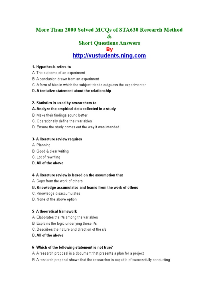 Research Methods MCQs and Answers | PDF | Sampling (Statistics ...