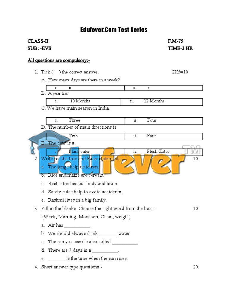 Class 2 EVS Question Paper with Answers | PDF