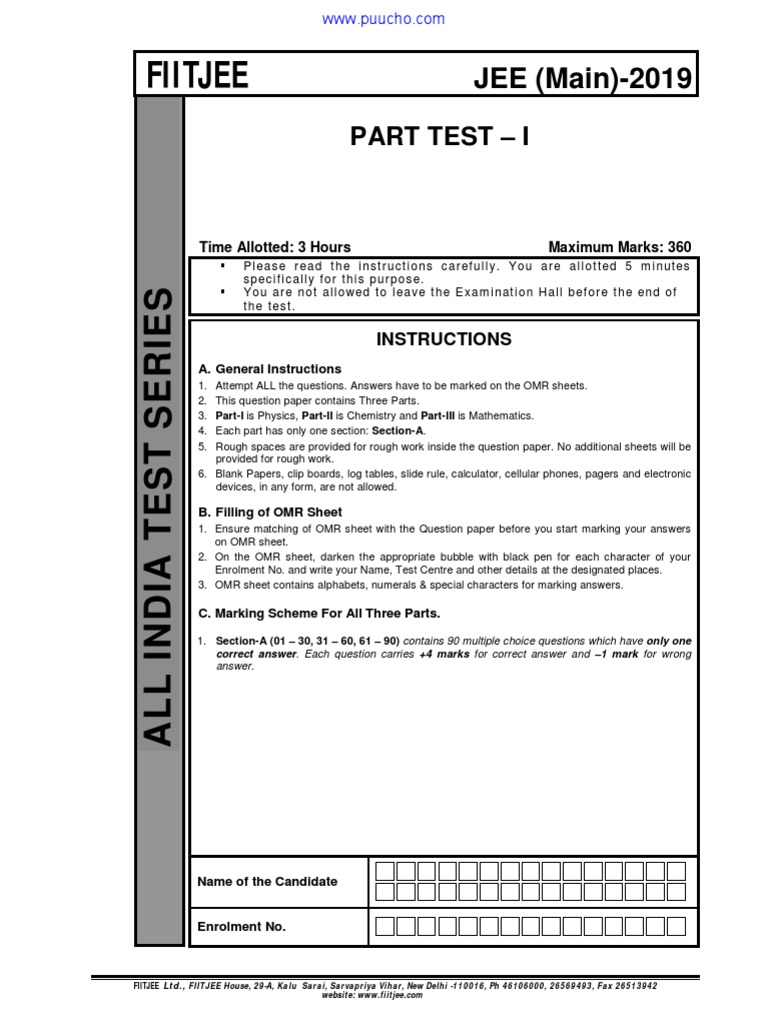 Fiitjee Aits Jee Main 2019 PT I | PDF | Acid Dissociation Constant | Force