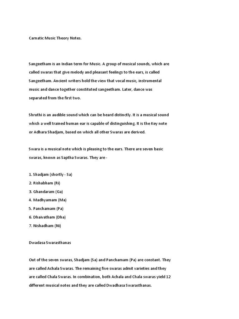 Carnatic Music Theory Notes | PDF | Performing Arts | Elements Of Music