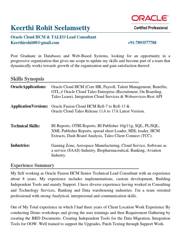 Keerthi Rohit Seelamsetty HCM Profile | PDF | Oracle Corporation | Cloud Computing
