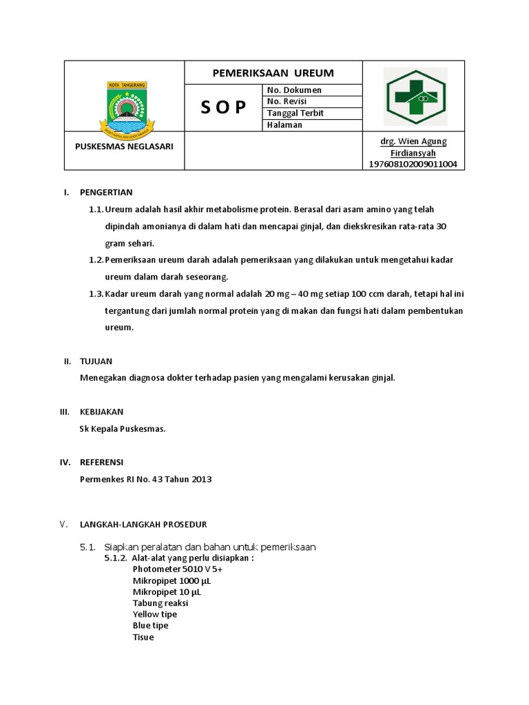 Sop Pemeriksaan Ureum | PDF