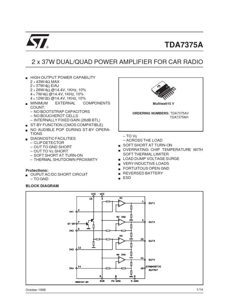TDA7375A: 2 X 37W Dual/Quad Power Amplifier For Car Radio | PDF ...