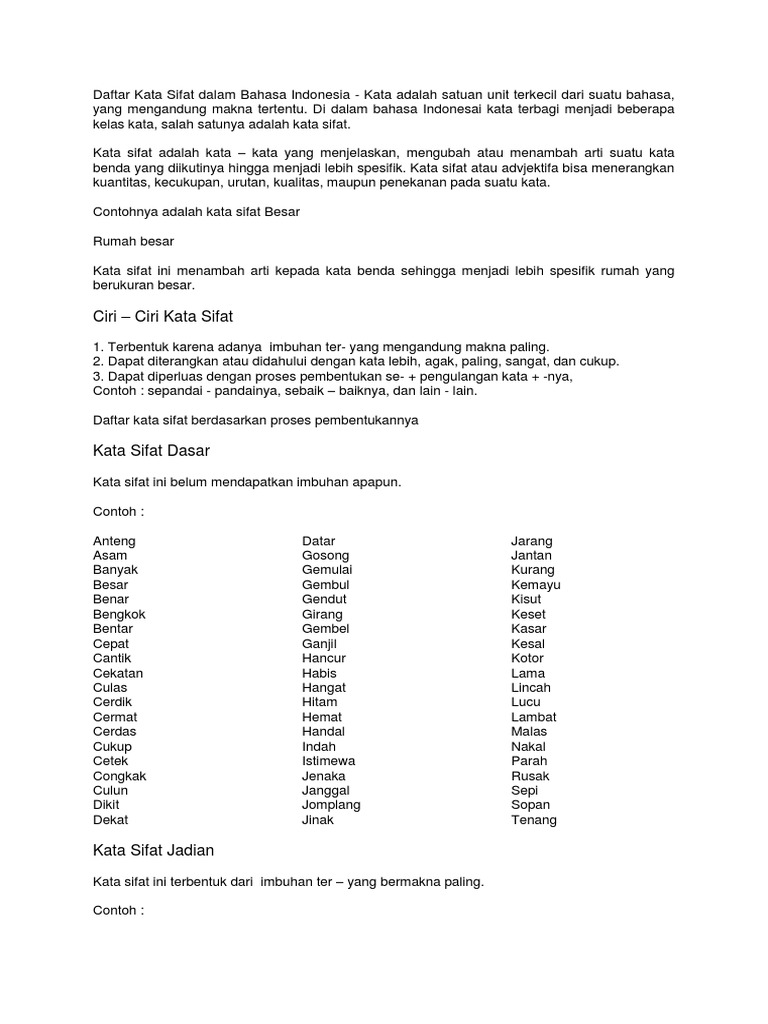 Daftar Kata Sifat Dalam Bahasa Indonesia | PDF