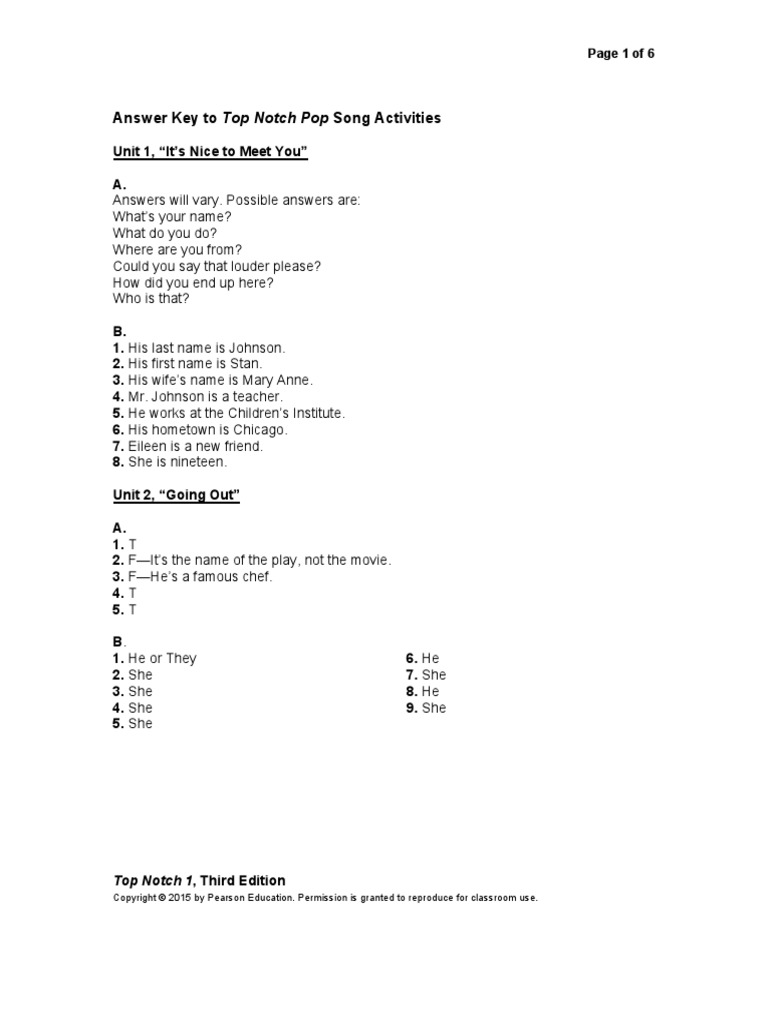 Top Notch Pop Songs Answer Key PDF | PDF | Foods