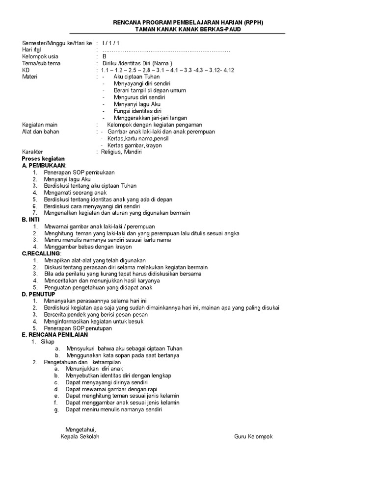 RPPH Tema Diriku Usia 5-6 Tahun Semester I | PDF