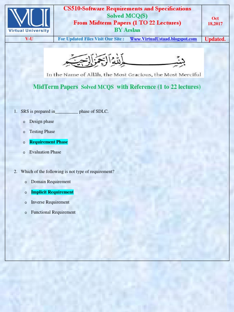 CS510 Midterm Solved MCQs (Lectures 1-22) | PDF | Use Case | Software Development