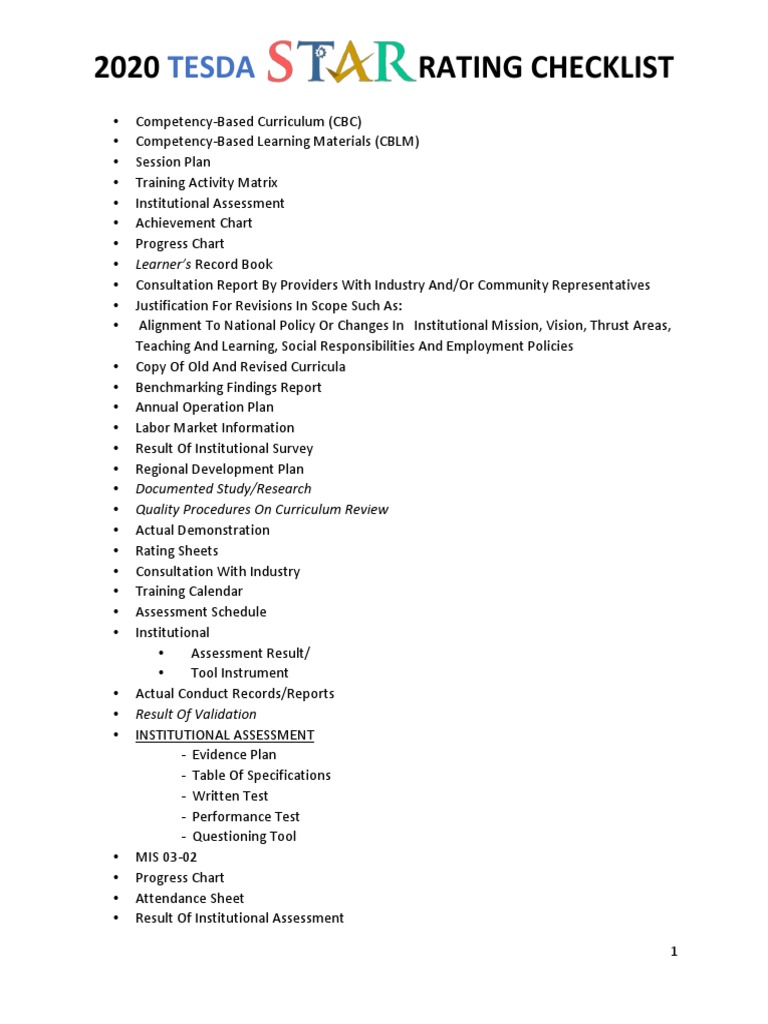 Assessment of an Institution's Compliance with TESDA's 2020 Rating ...