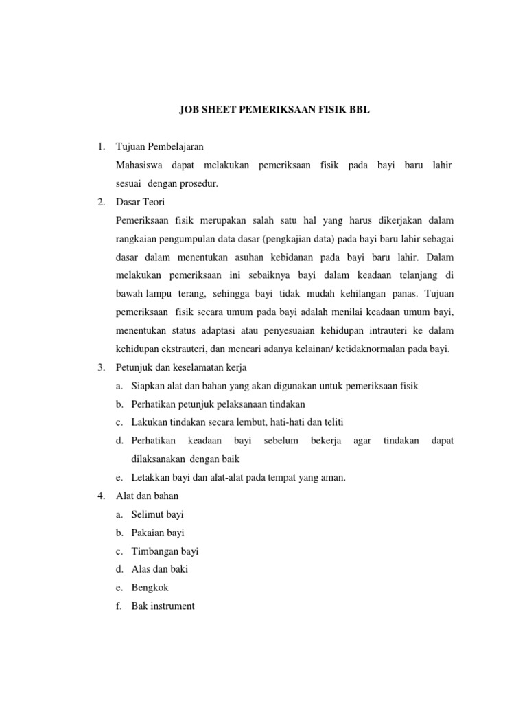 Job Sheet Pemeriksaan Fisik BBL | PDF