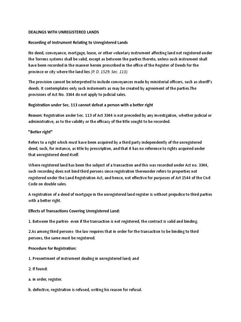 Dealings With Unregistered Lands | PDF | Deed | Conveyancing