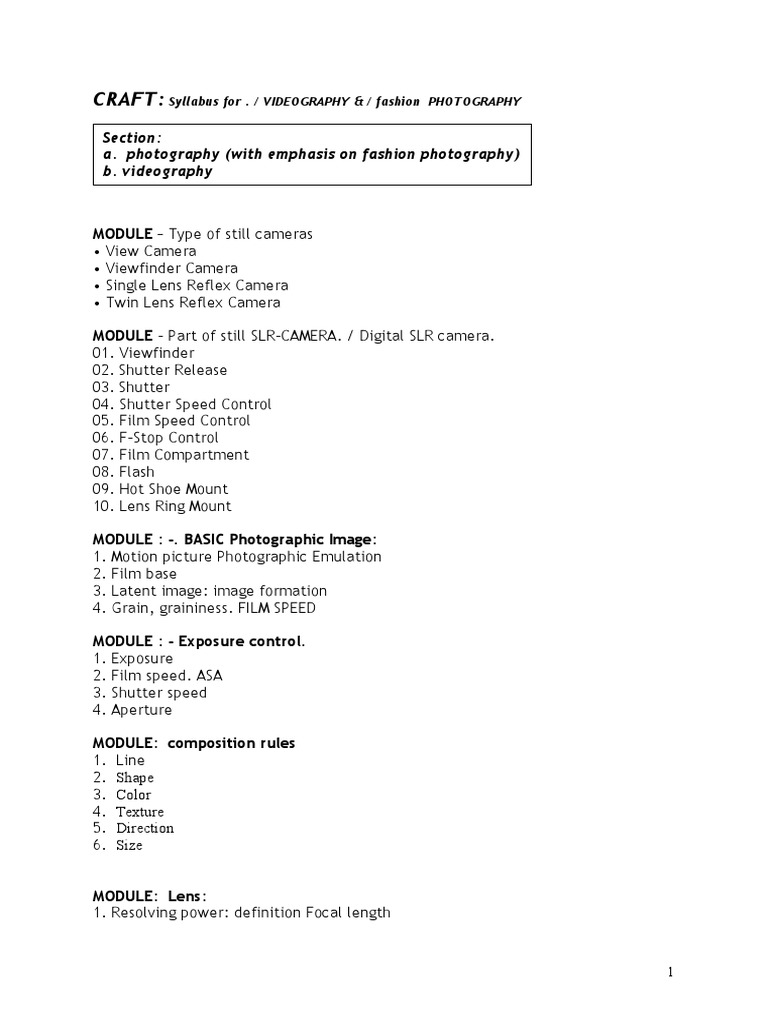 Fashion Photography & Videography Syllabus | PDF | Camera Lens | Camera