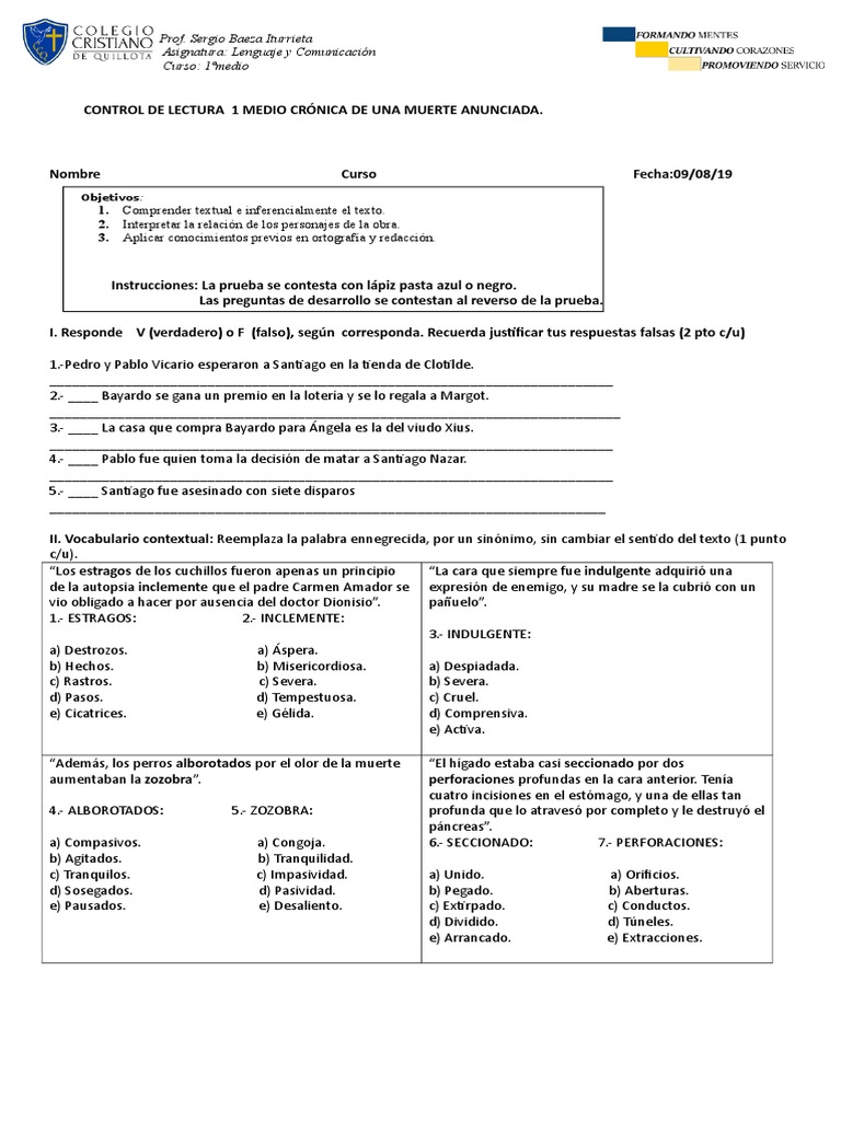 Control de Lectura: Crónica de una Muerte Anunciada | PDF