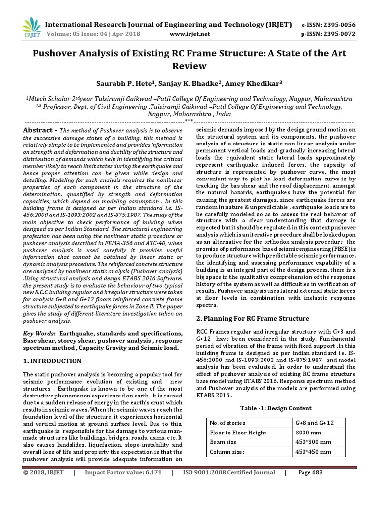 Pushover Analysis of Existing RC Frame Structure - A State of The Art Review - 2018 PDF | PDF ...