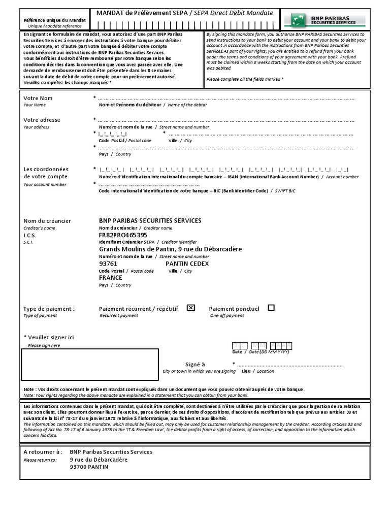 Mandat de Prélèvement SEPA-SEPA Direct Debit Mandate PDF | PDF ...