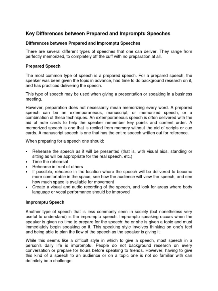 Prepared vs. Impromptu Speeches Explained | PDF | Speech | Communication