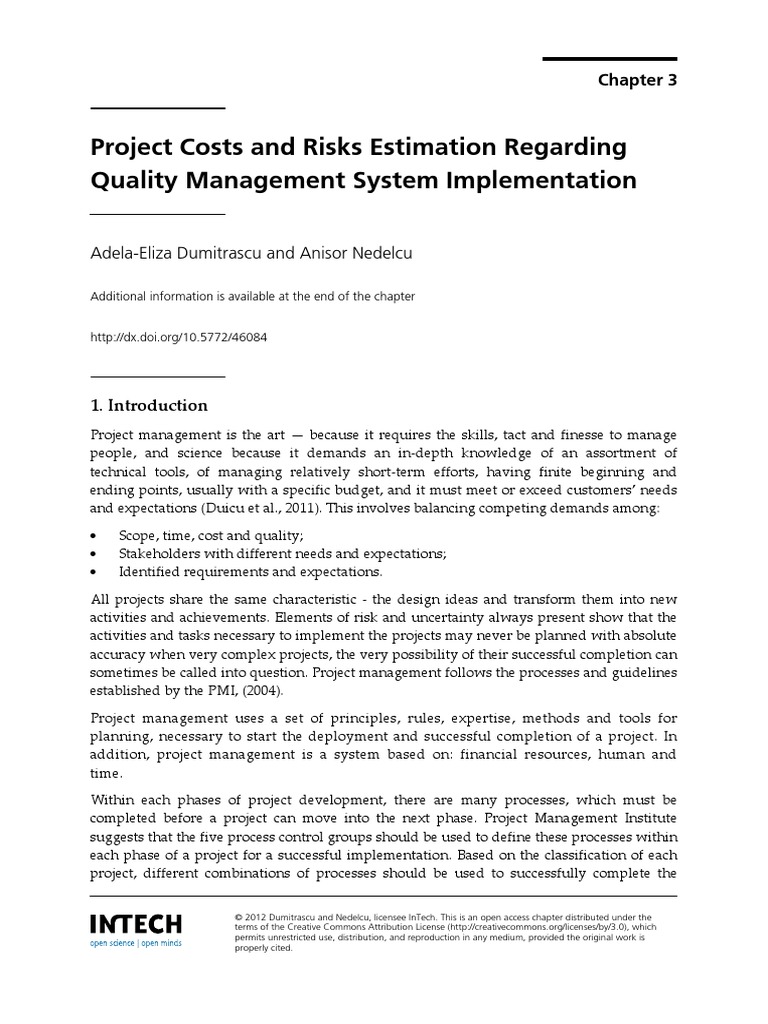 InTech-Project Costs and Risks Estimation Regarding Quality Management System Implementation ...