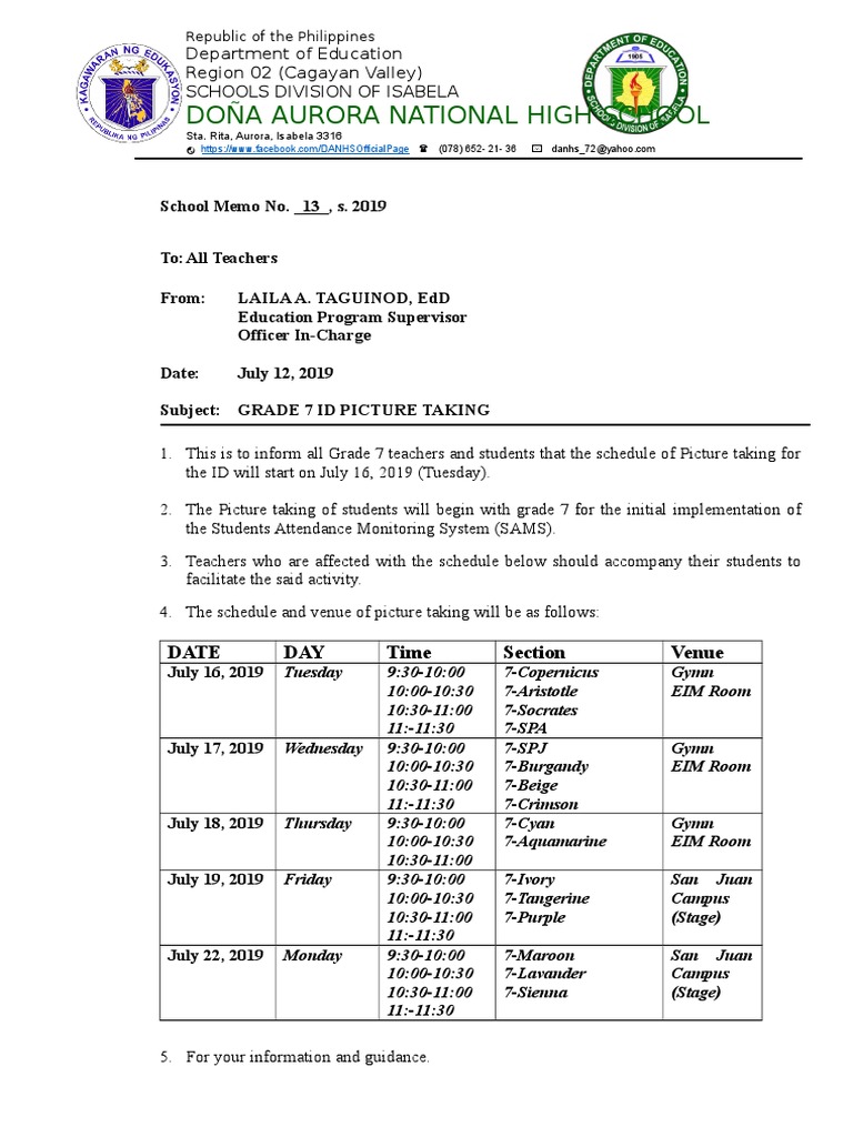 Grade 7 Id Picture Taking Schedule | PDF