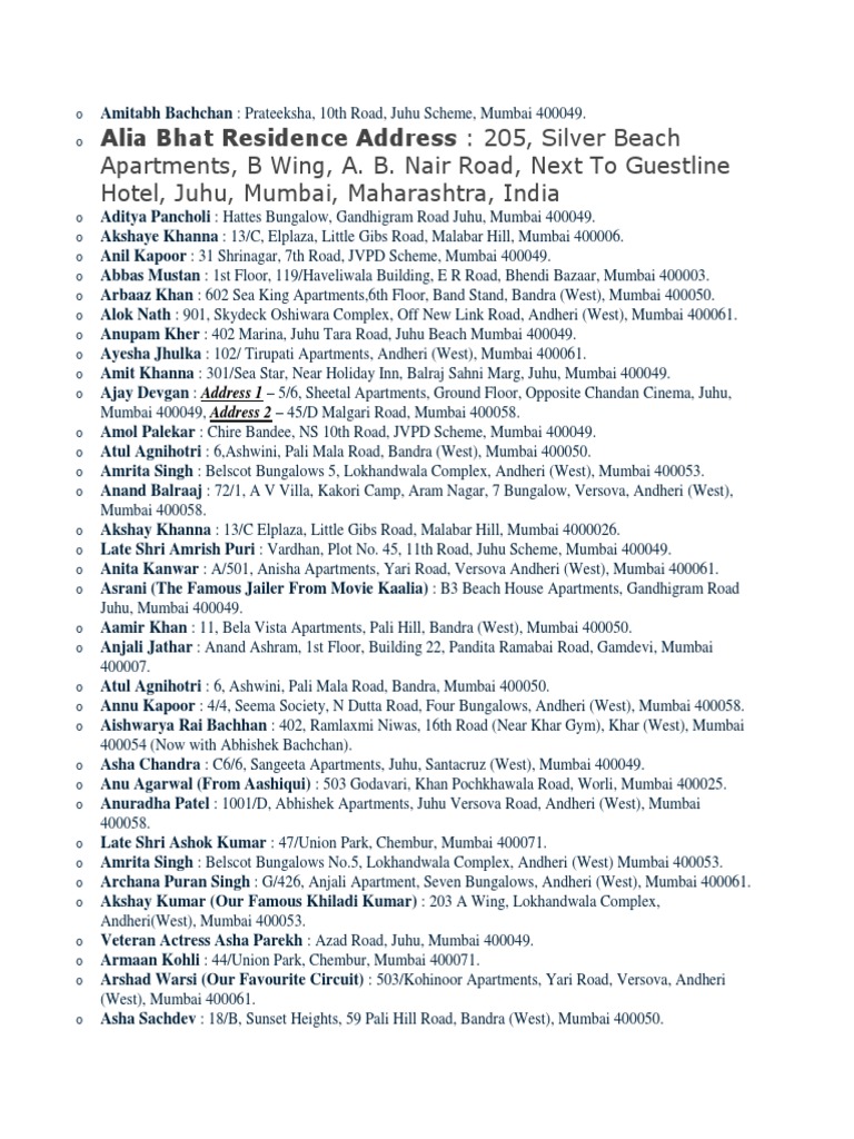 CELEBRITY ADDRESSES | PDF | Mumbai | Film Production Districts