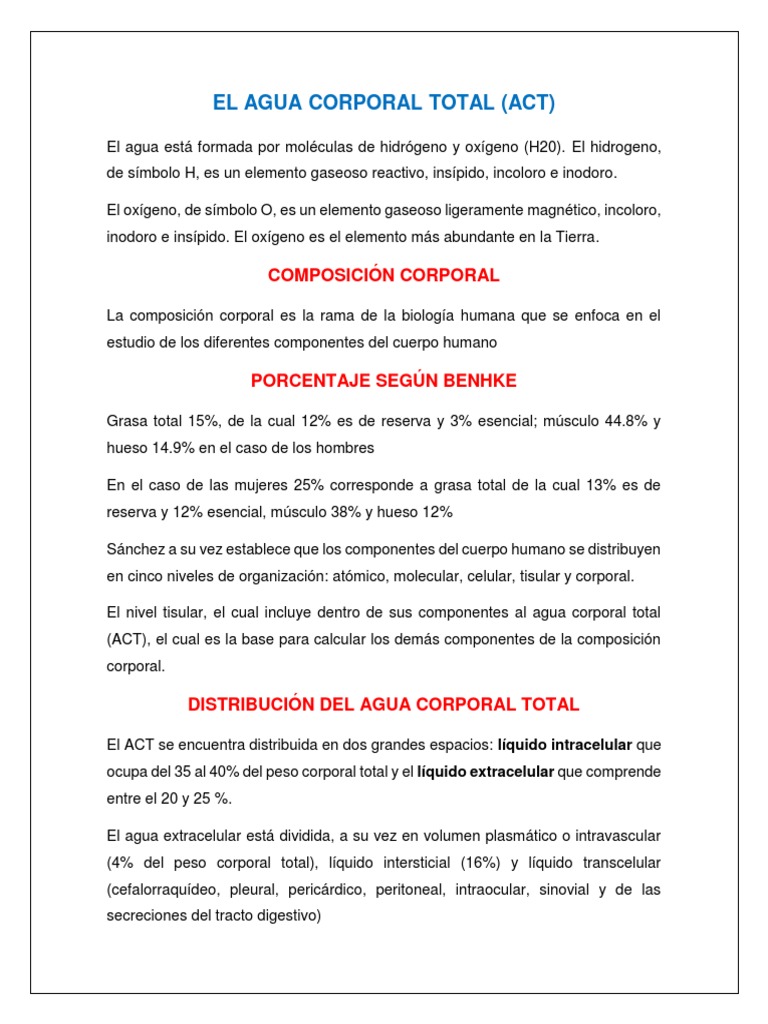 El Agua Corporal Total | PDF | Oxígeno | Agua