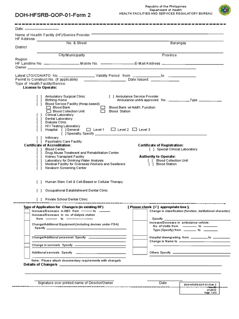 DOH HFSRB QOP 01 Form 2 3212019 postedDOH | PDF | Clinic | Medical ...