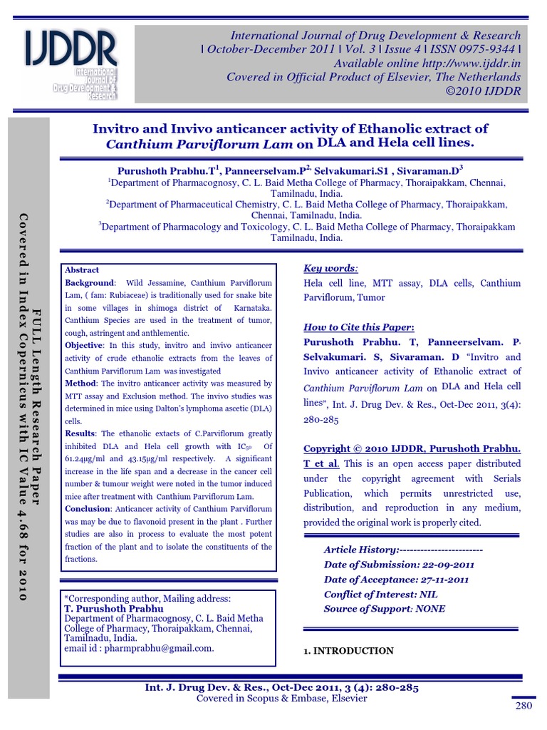 Invitro and Invivo Anticancer Activity of Ethanolic Extract of Canthium ...