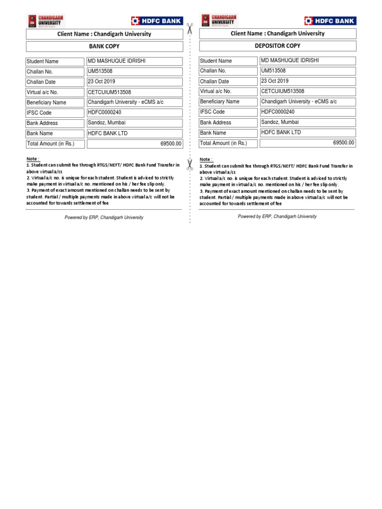 HDFC Bank Challan for Chandigarh University | PDF | Financial ...