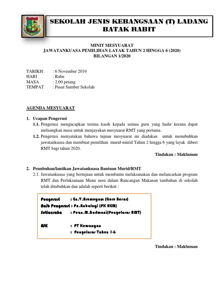 Minit Mesy Pemilihan Murid RMT 1-2020 | PDF