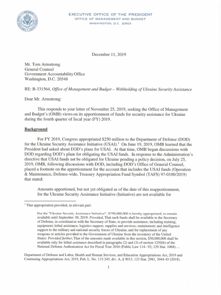 Letter To OMB From GAO On Ukraine Assistance | PDF | United States ...