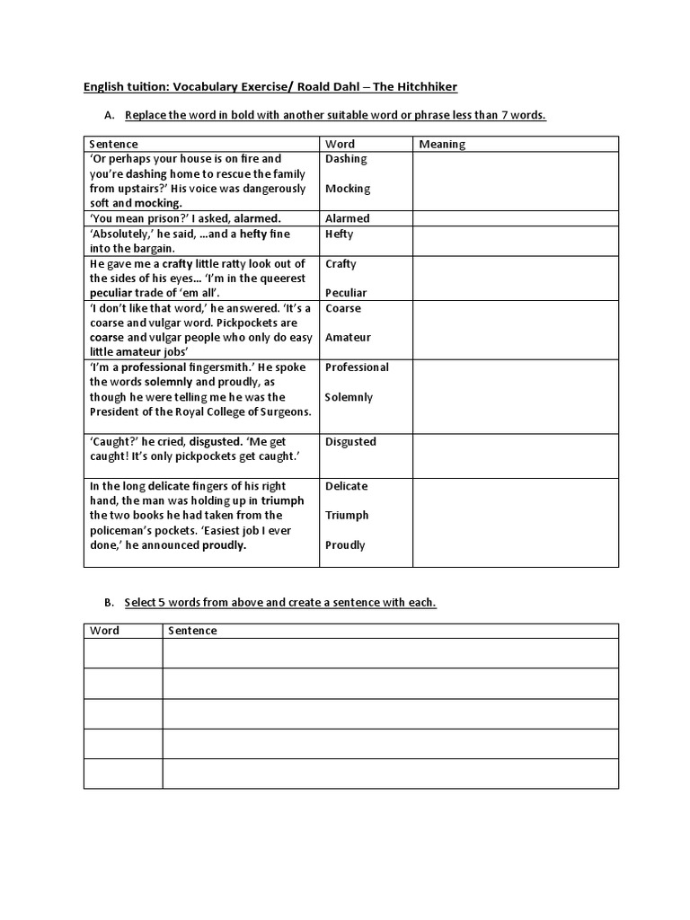 Vocabulary Exercise: Roald Dahl's Hitchhiker | PDF | Foreign Language ...