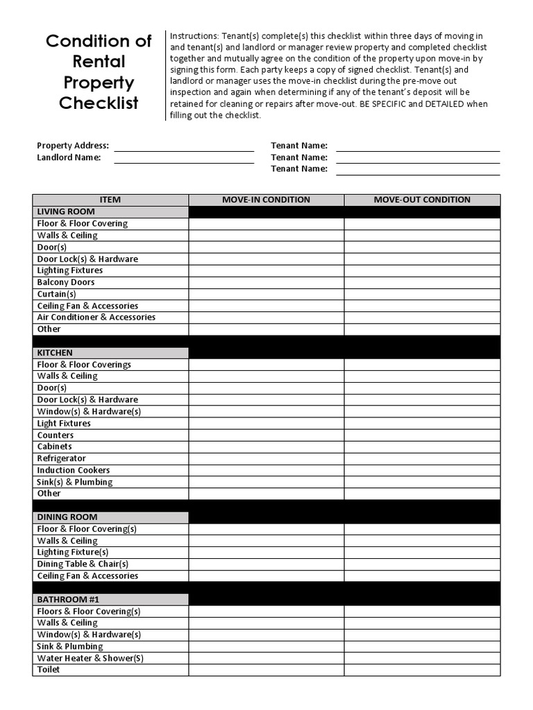 Condition of Rental Property Checklist | PDF | Bathroom | Architectural ...