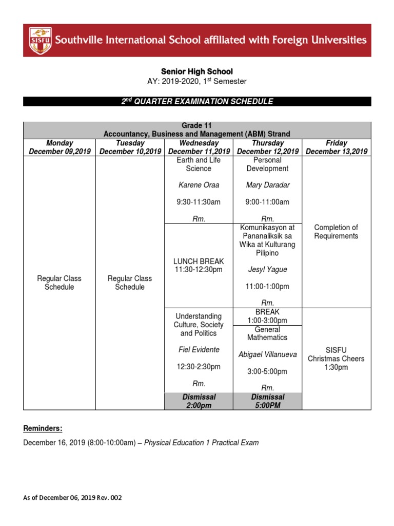 AY 2019-2020 - 2nd Quarter Examination Schedule | PDF | Academic Term ...