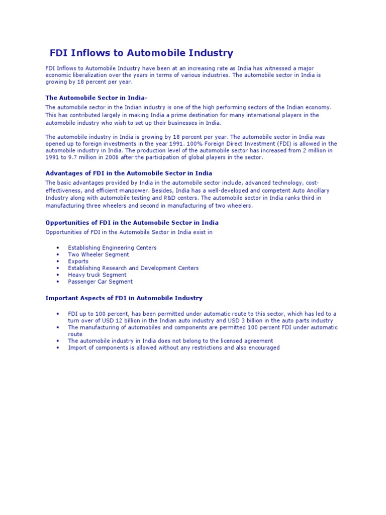 FDI Inflows To Automobile Industry | PDF | Foreign Direct Investment ...