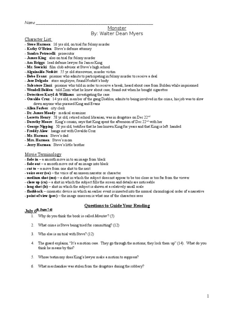 Walter Dean Myers Monster Study Guide | PDF | Justice | Crime & Violence