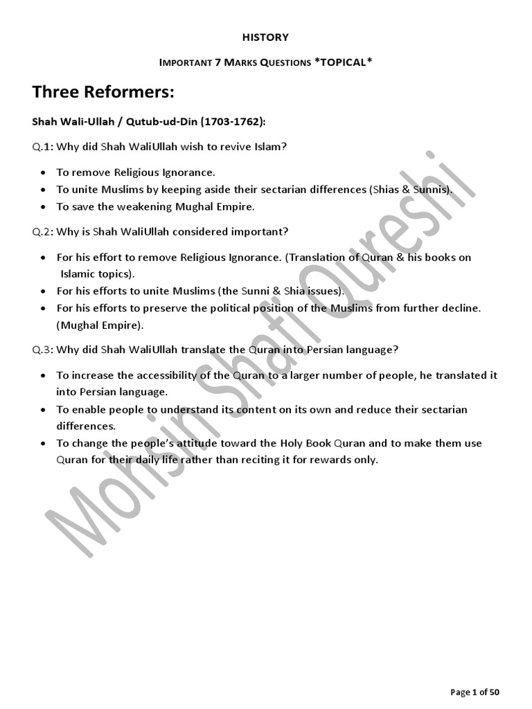 2059 Pakistan Studies Olevels History 7 Marks Questions and Answers ...