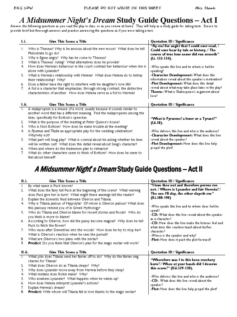Midsummer Study Guide Questions For Web | PDF | A Midsummer Night's ...