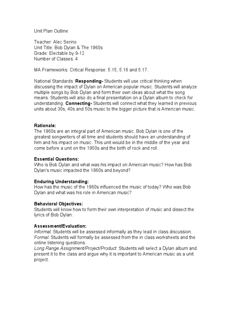 Bob Dylan Unit Plan Outline | PDF | Bob Dylan | Entertainment (General)