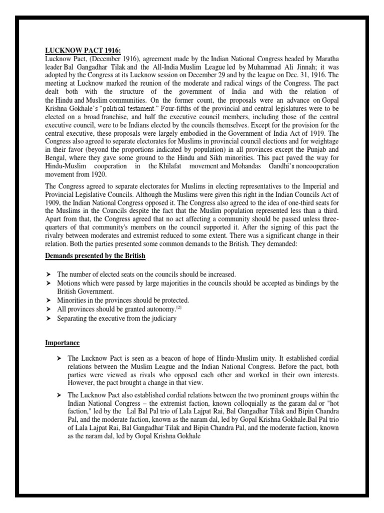 Lucknow Pact | PDF | Muhammad Ali Jinnah | Partition Of India